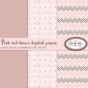 Pink and Brown Digital Paper Featuring Floral and Geometric Patterns ...