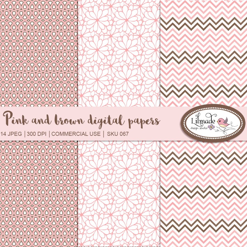 Pink and Brown Digital Paper Featuring Floral and Geometric Patterns ...