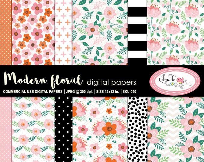 Floral Modern Digital Paper Black and White Digital Papers | Etsy