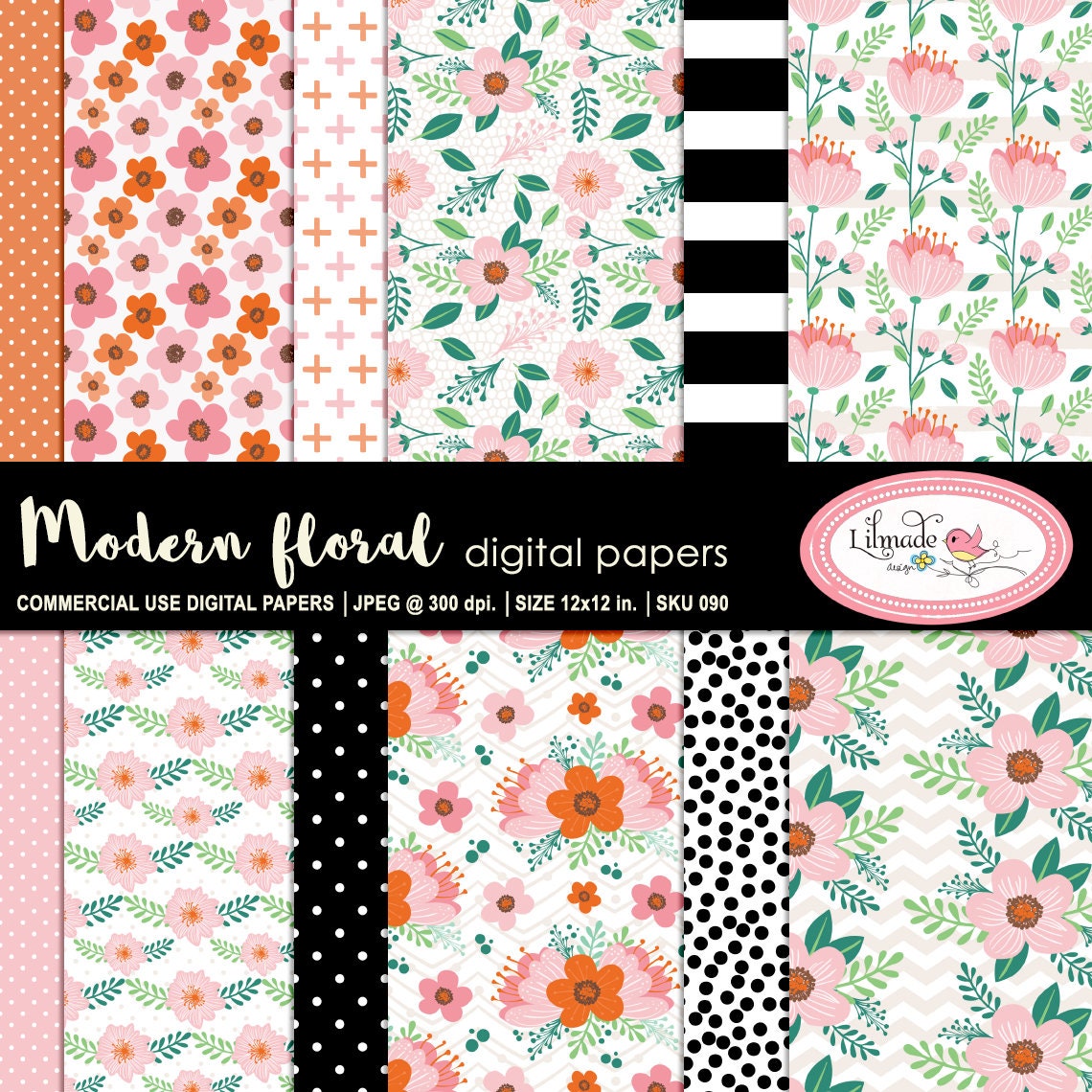 Floral Modern Digital Paper, Black and White Digital Papers, Horizontal ...