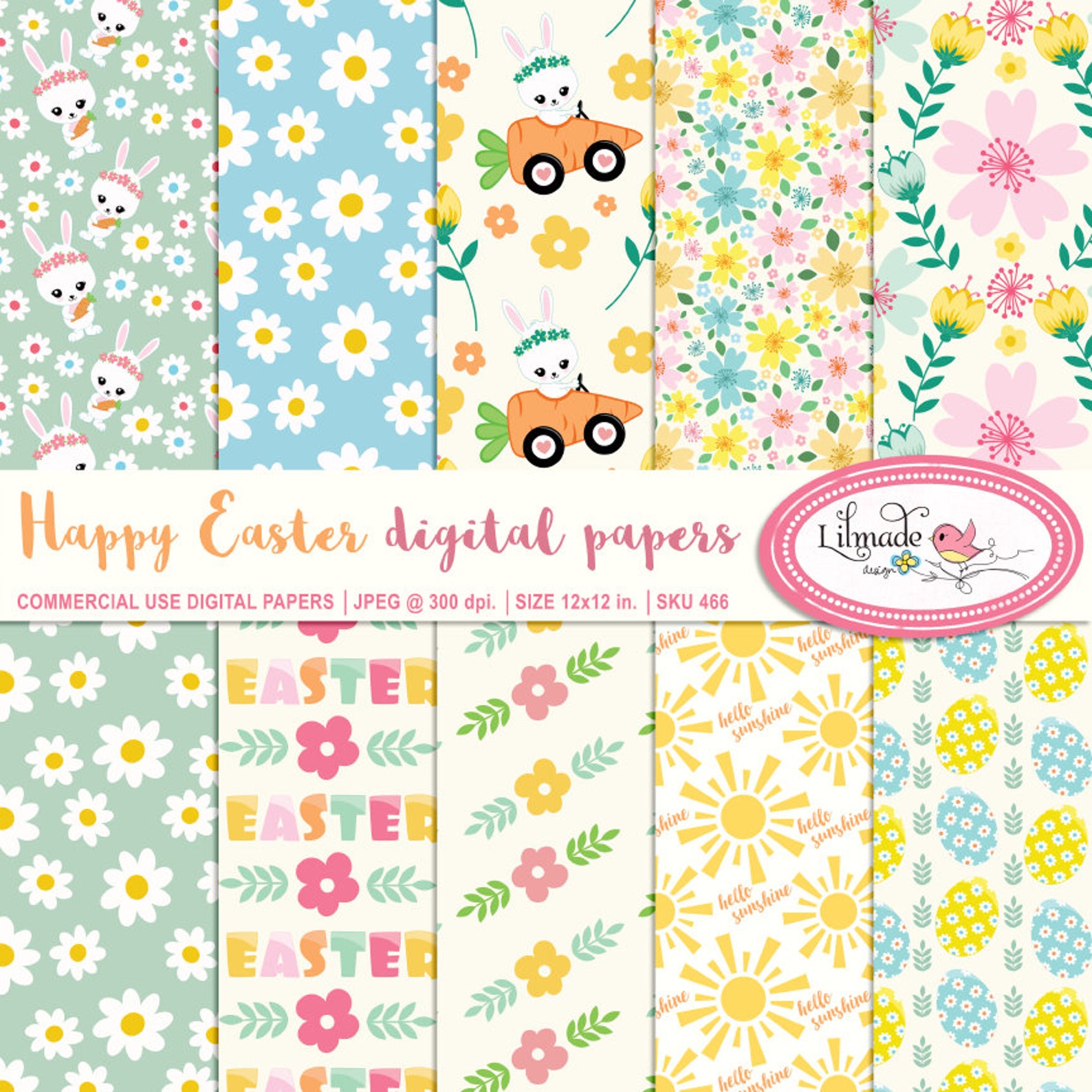 Easter Digital Paper Featuring Cute Easter Bunny Cliparts, Easter Eggs ...