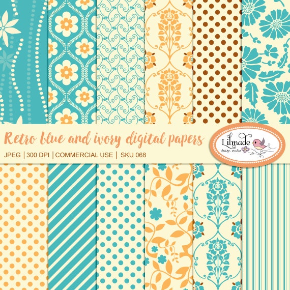 Floral digital paper in blue and ivory, retro digital paper ...