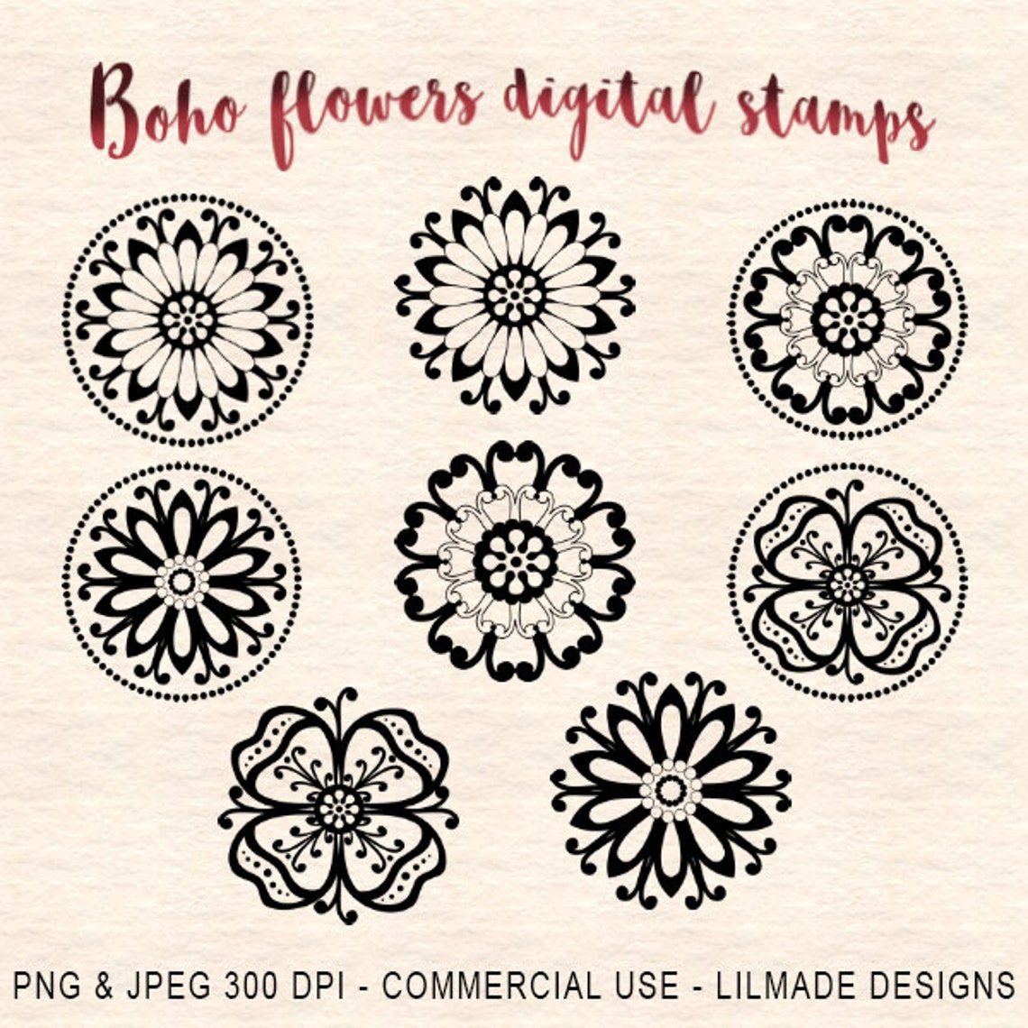 Boho Flowers Digital Stamps, Flower Clip Art, Floral Clip Art, Hippie ...