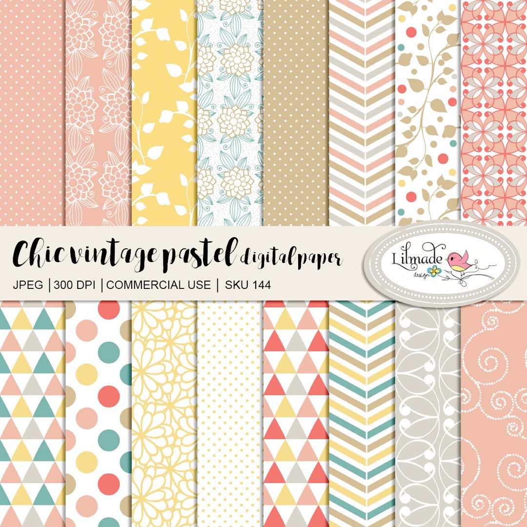 Digital Paper, Chic Vintage Pastel Digital Paper Featuring Floral and ...