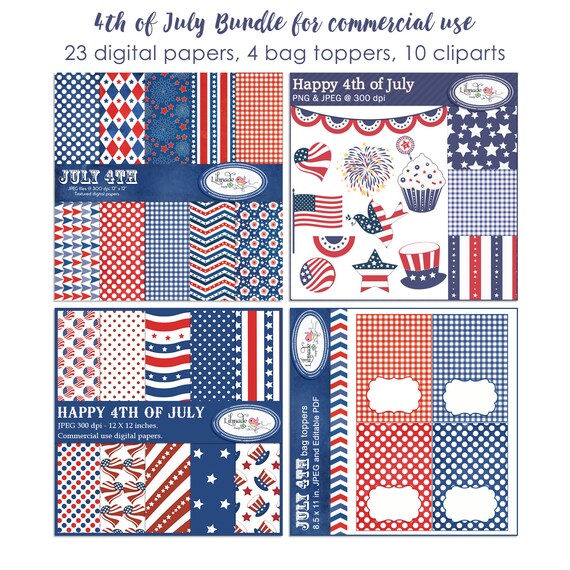 4th of July graphic bundle featuring 23 digital papers, 10 clipart ...