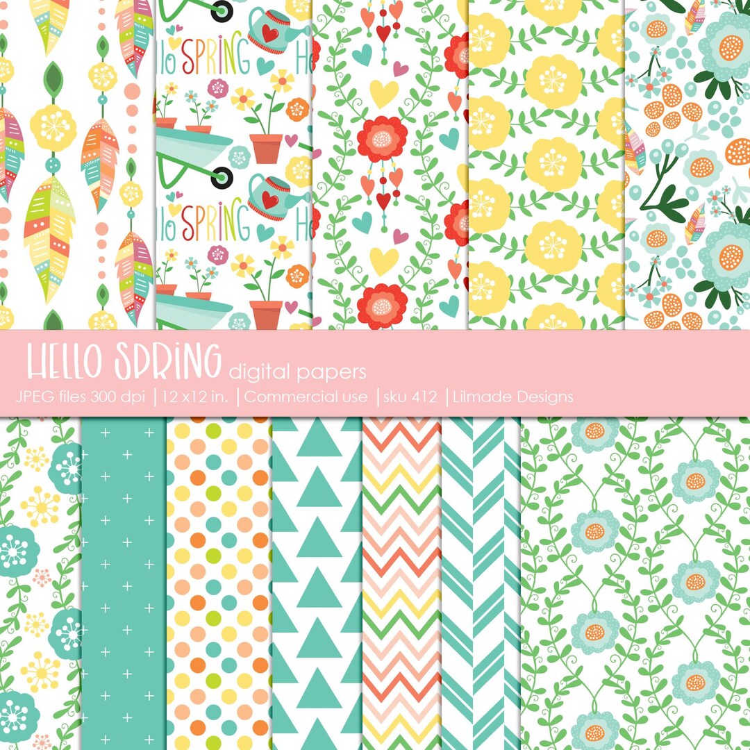Spring Digital Paper, Spring Scrapbook Paper, Digital Paper, Patterned ...
