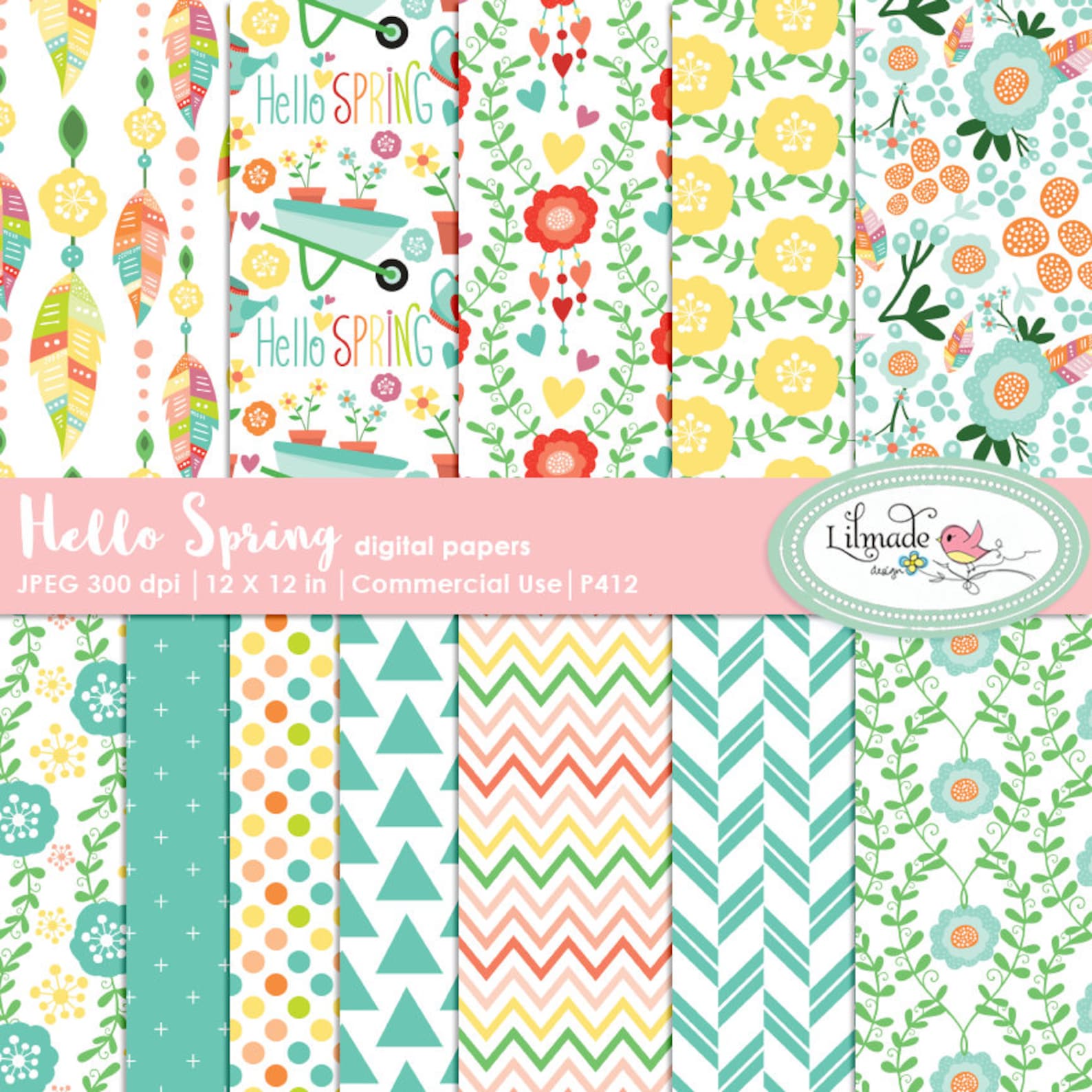 Spring Digital Paper, Spring Scrapbook Paper, Digital Paper, Patterned ...