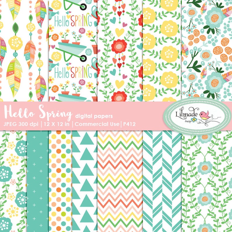 Spring Digital Paper, Spring Scrapbook Paper, Digital Paper, Patterned ...