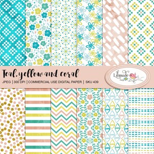 Teal Yellow and Coral Digital Papers Featuring Floral and Geometric ...