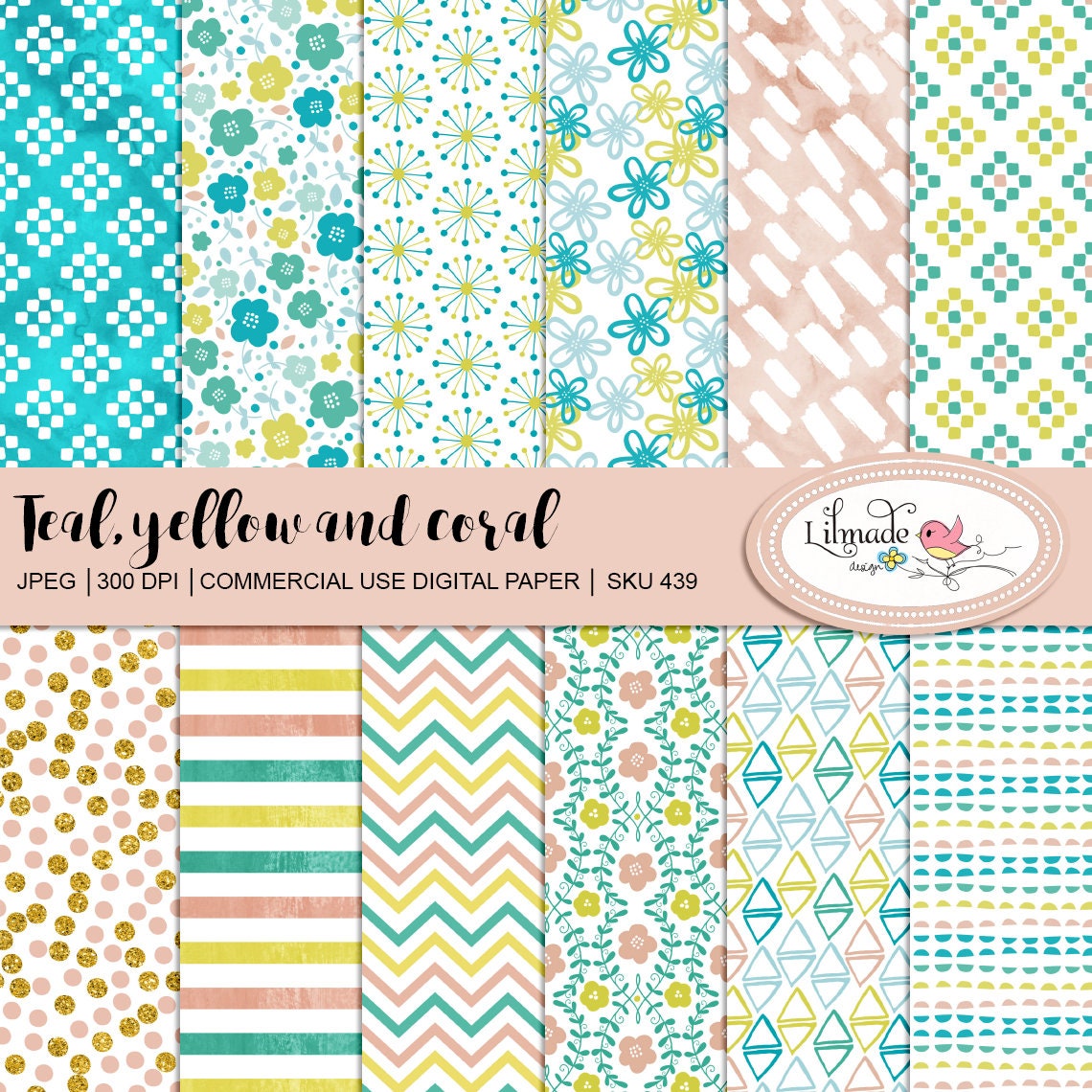 Teal Yellow and Coral Digital Papers Featuring Floral and - Etsy