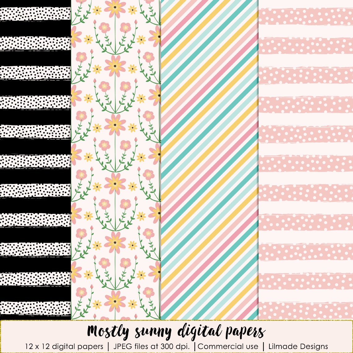 Modern Floral Digital Paper Black and White Stripe Rainbow - Etsy