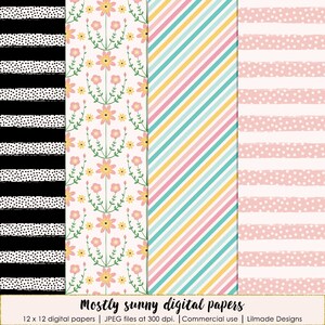 Modern Floral Digital Paper, Black and White Stripe, Rainbow Pattern ...