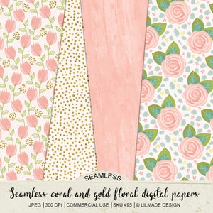 Seamless Coral and Gold Floral Digital Papers, Scrapbook Papers, Floral ...