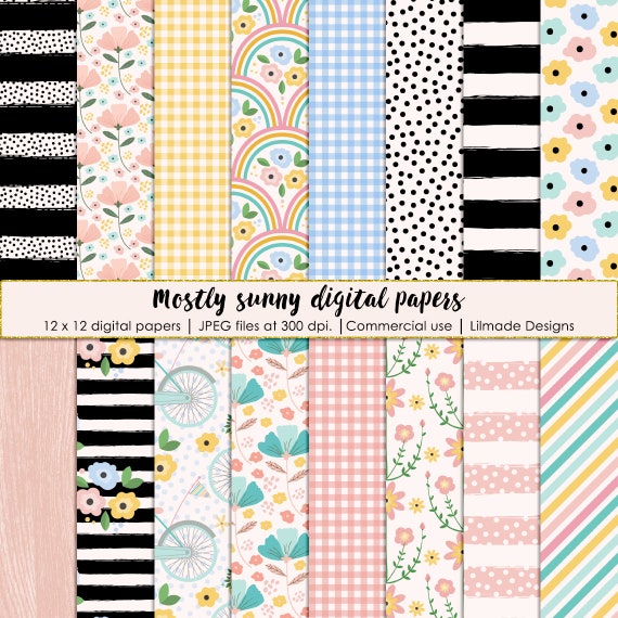 Modern floral digital paper, black and white stripe, rainbow pattern ...