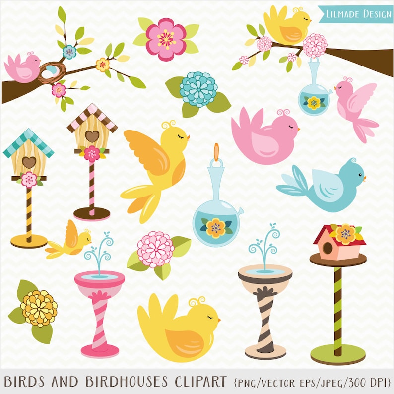 Cute Bird Clipart. Birdhouse, Bird Vector Clipart, Floral Clipart, Bird ...