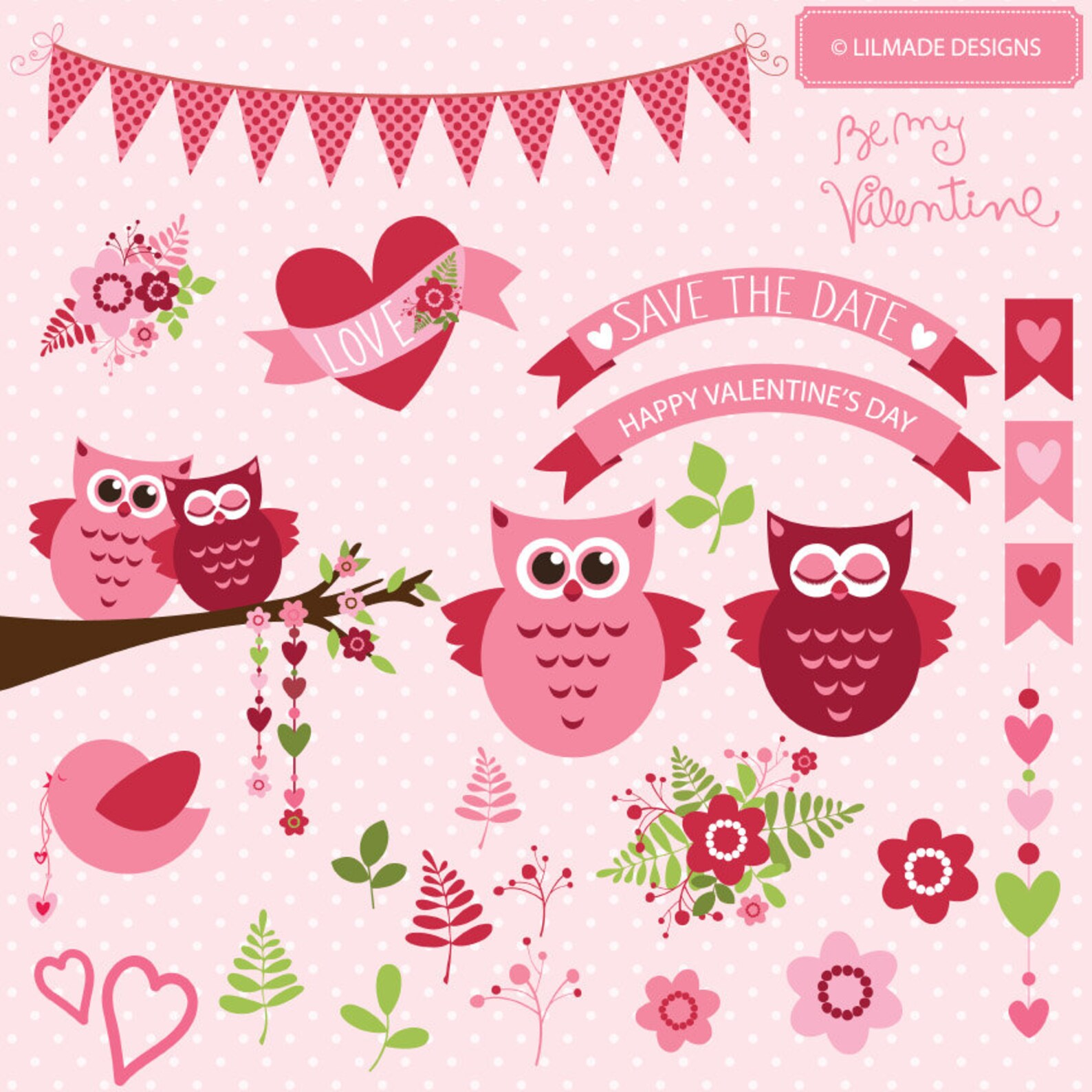 Valentine Vector Clipart Owl Clipart Bird Clipart Floral - Etsy