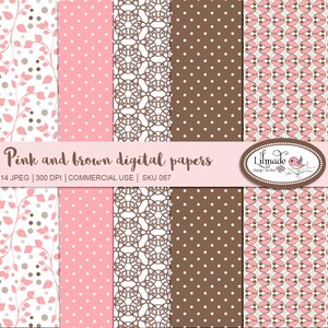 Pink and Brown Digital Paper Featuring Floral and Geometric Patterns ...