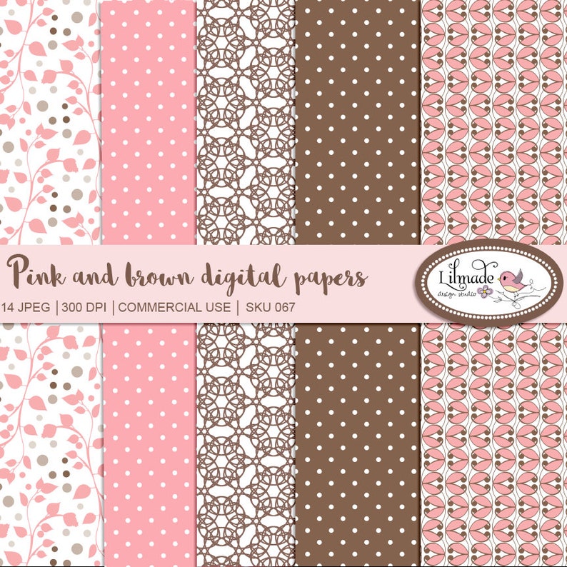 Pink and Brown Digital Paper Featuring Floral and Geometric Patterns ...