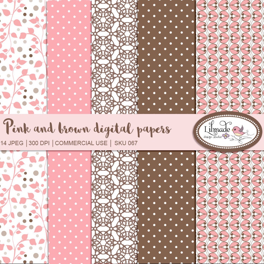 Pink and Brown Digital Paper Featuring Floral and Geometric Patterns ...