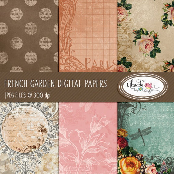 French garden digital papers, featuring vintage textured digital ...