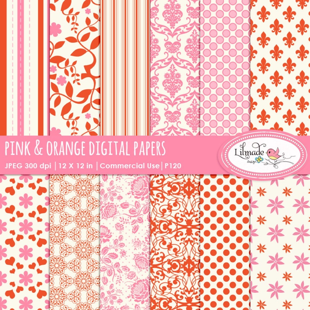 Digital Papers, Pink and Orange Digital Scrapbook Papers, Vintage ...