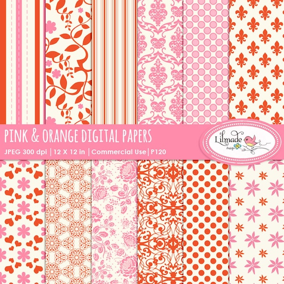 Digital papers, pink and orange digital scrapbook papers, vintage ...