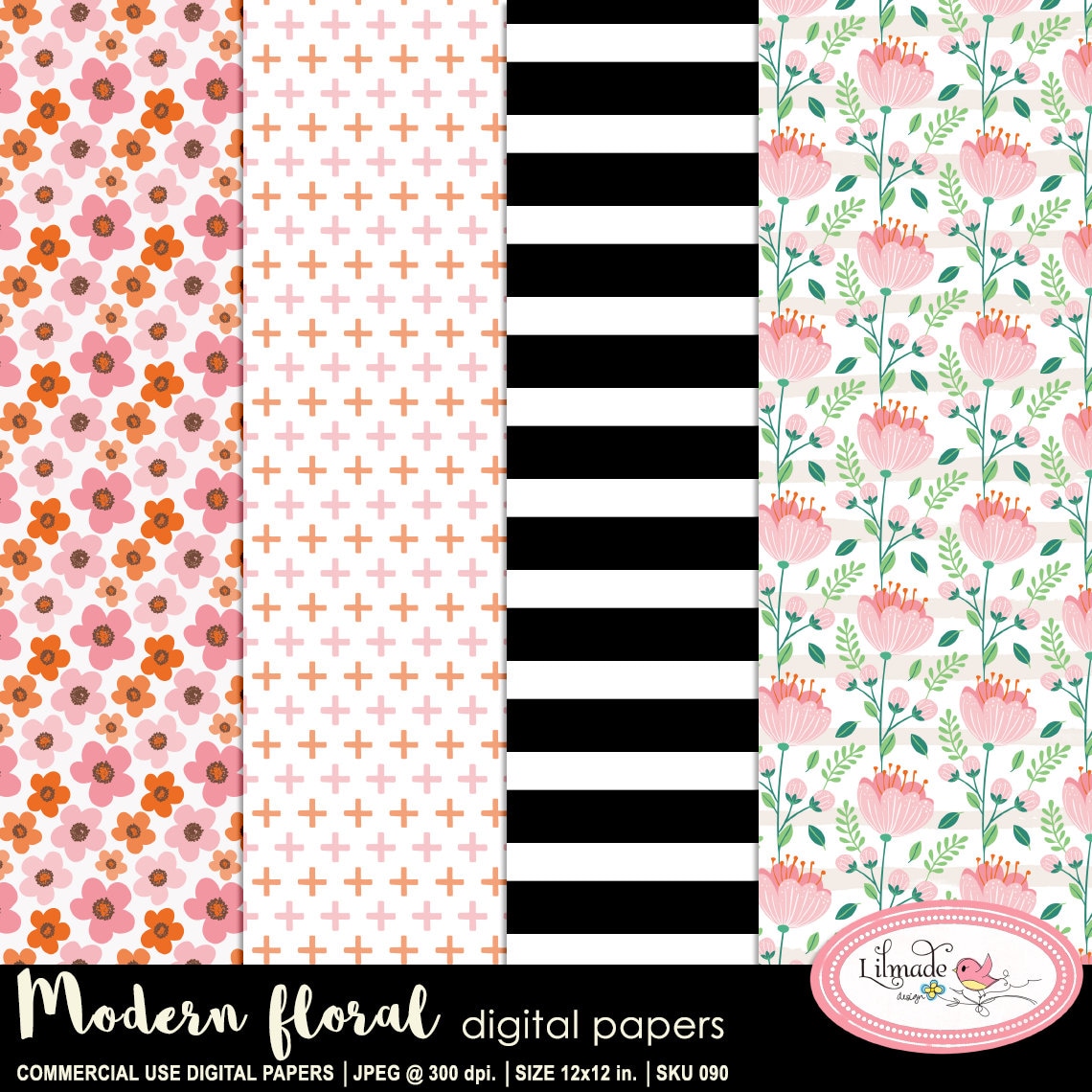 Floral Modern Digital Paper Black and White Digital Papers - Etsy
