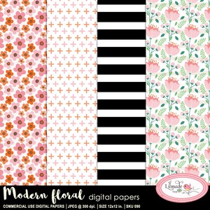 Floral Modern Digital Paper, Black and White Digital Papers, Horizontal ...