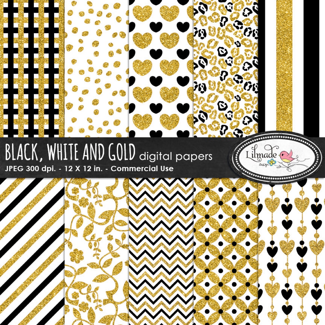 Glitter Digital Paper, Black and Gold Digital Paper, Foil Digital Paper ...