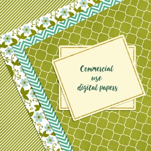 Green and Blue Floral Digital Paper, Quatrefoil, Large Polka Dot, Retro ...