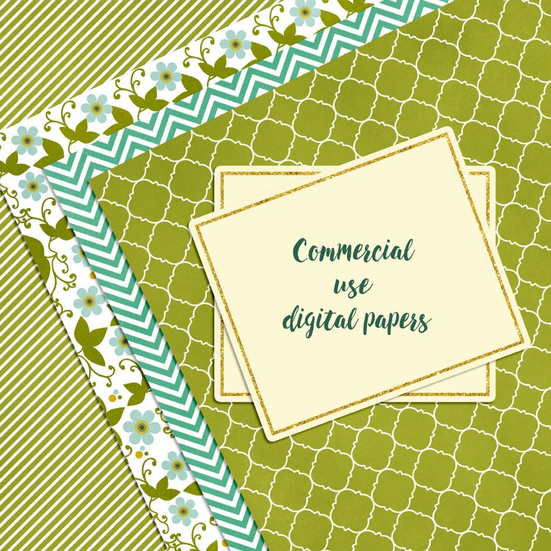 Green and Blue Floral Digital Paper, Quatrefoil, Large Polka Dot, Retro ...