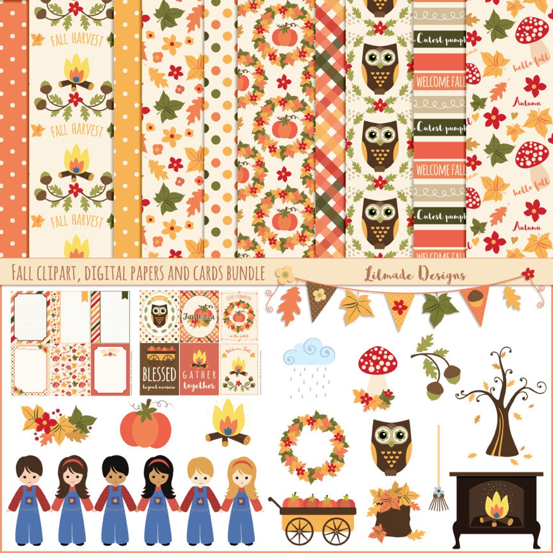 Fall Clipart and Digital Paper Bundle, Fall Clipart, Fall Digital Paper ...