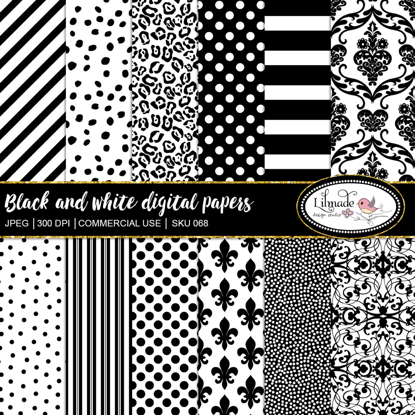 Black and White Digital Paper Featuring Stripe Paper Spotty - Etsy
