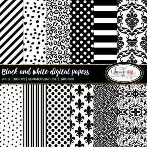 Black and White Digital Paper Featuring Stripe Paper, Spotty Pattern ...