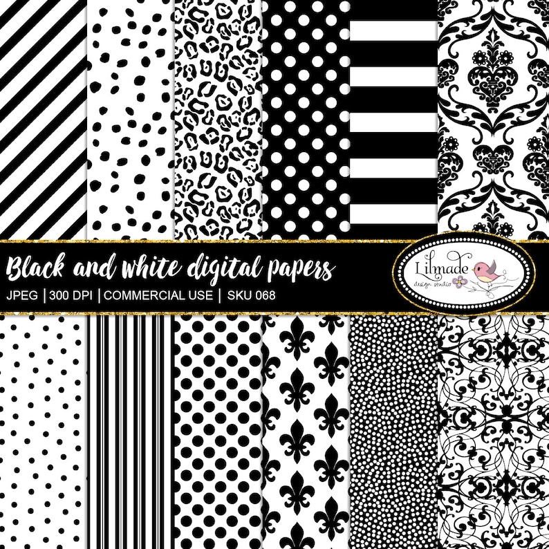 Black and White Digital Paper Featuring Stripe Paper Spotty - Etsy
