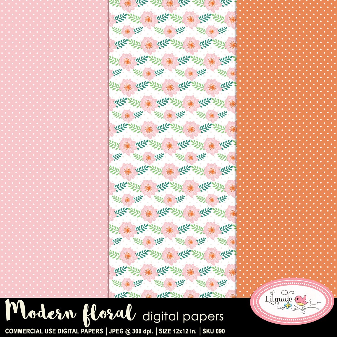 Floral Modern Digital Paper, Black and White Digital Papers, Horizontal ...