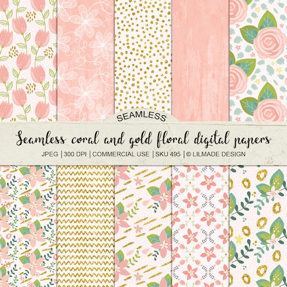 Seamless coral and gold floral digital papers, scrapbook papers, floral ...