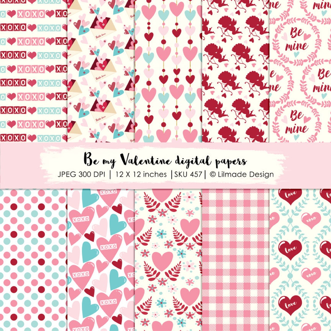 Valentine Digital Paper Pack, Valentine Scrapbook Paper, Patterned ...