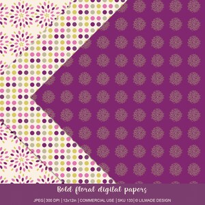 Foral Digital Paper in Purple, Ivory and Green Featuring Floral and ...
