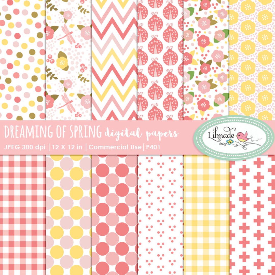Spring Digital Paper, Lady Bug Paper, Chevron Paper, Floral Digital ...