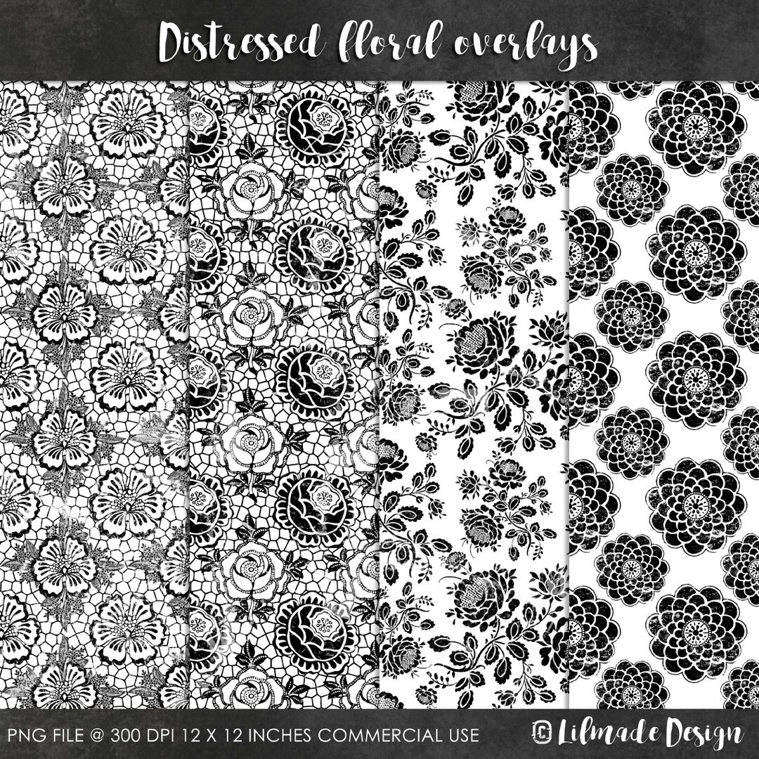 Distressed Floral Patterns, Paper Template, Photoshop Overlay, Vintage ...