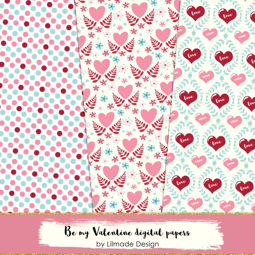 Valentine Digital Paper Pack, Valentine Scrapbook Paper, Patterned ...