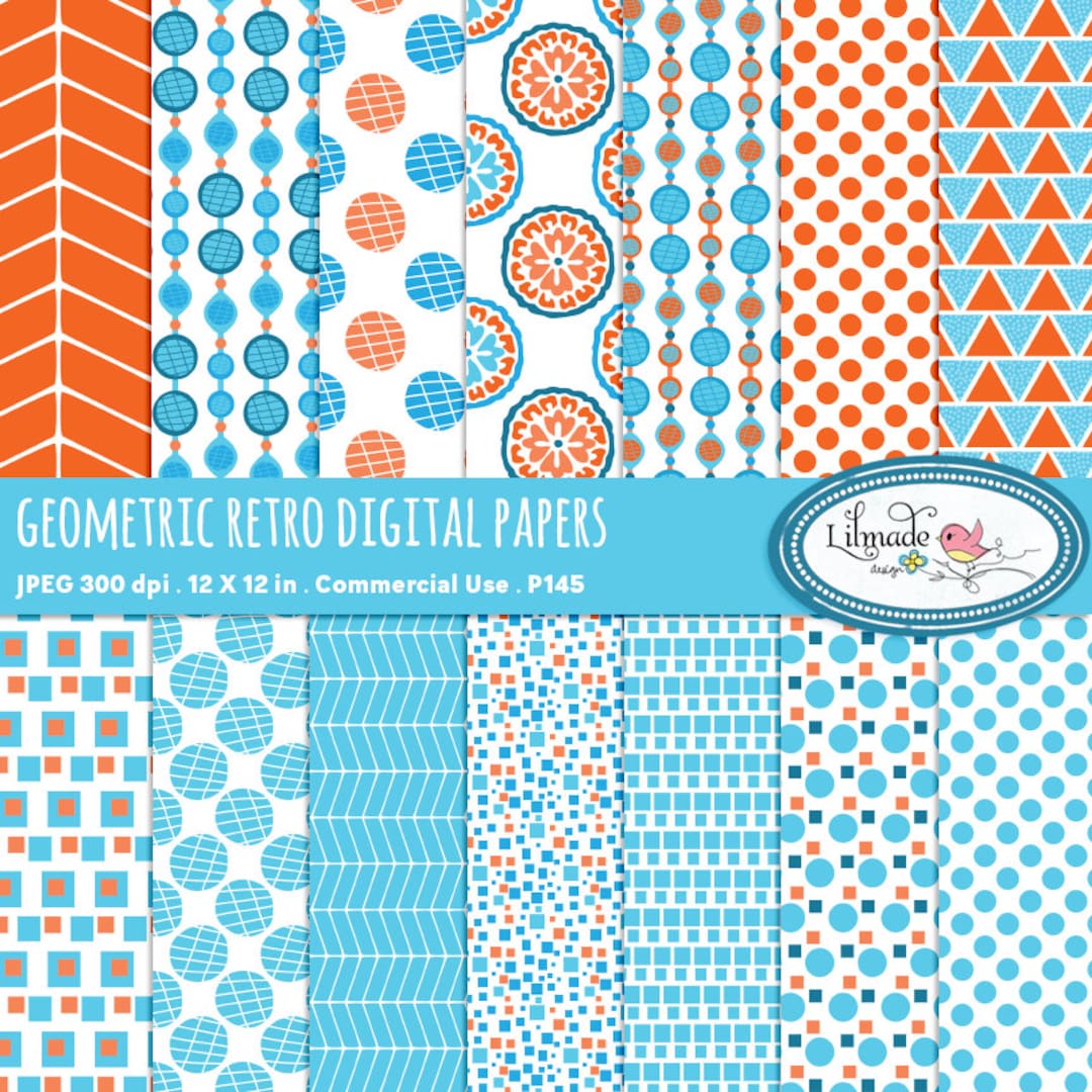 Retro Style Digital Papers in Blue and Tangerine Orange, Featuring ...