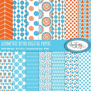 Retro Style Digital Papers in Blue and Tangerine Orange - Etsy
