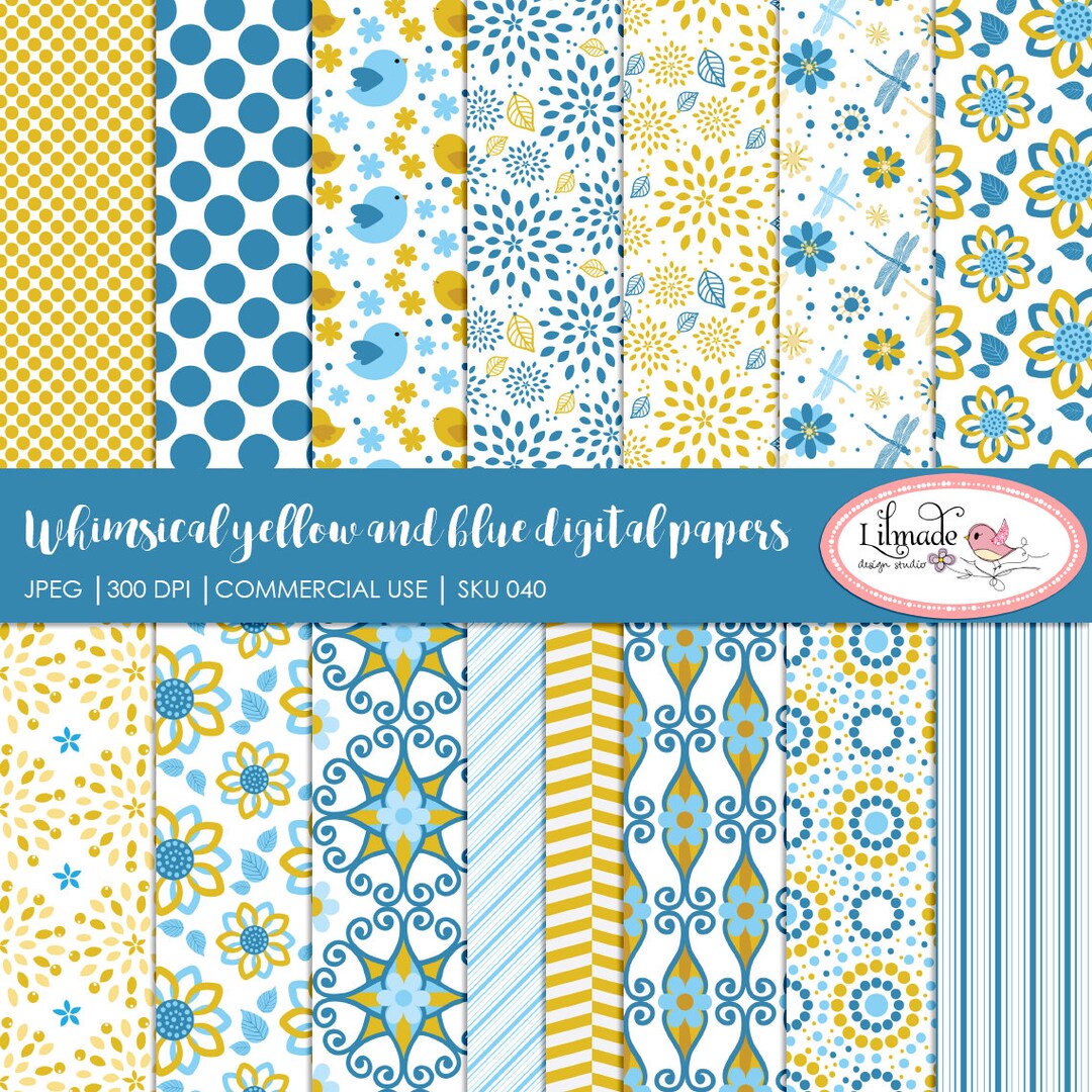 Whimsical Digital Paper in Blue and Yellow Featuring Birds, Flowers ...