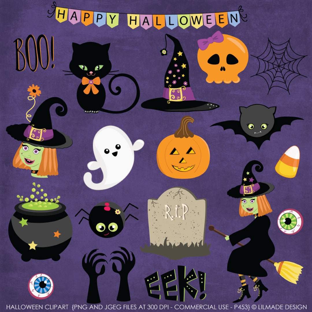 Halloween Clipart Set, Witch, Ghost, Cat (PNG & JPEG) - Etsy