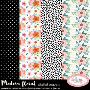 Floral Modern Digital Paper, Black and White Digital Papers, Horizontal ...
