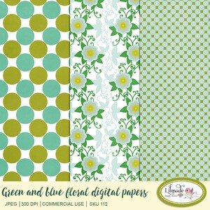 Green and Blue Floral Digital Paper, Quatrefoil, Large Polka Dot, Retro ...