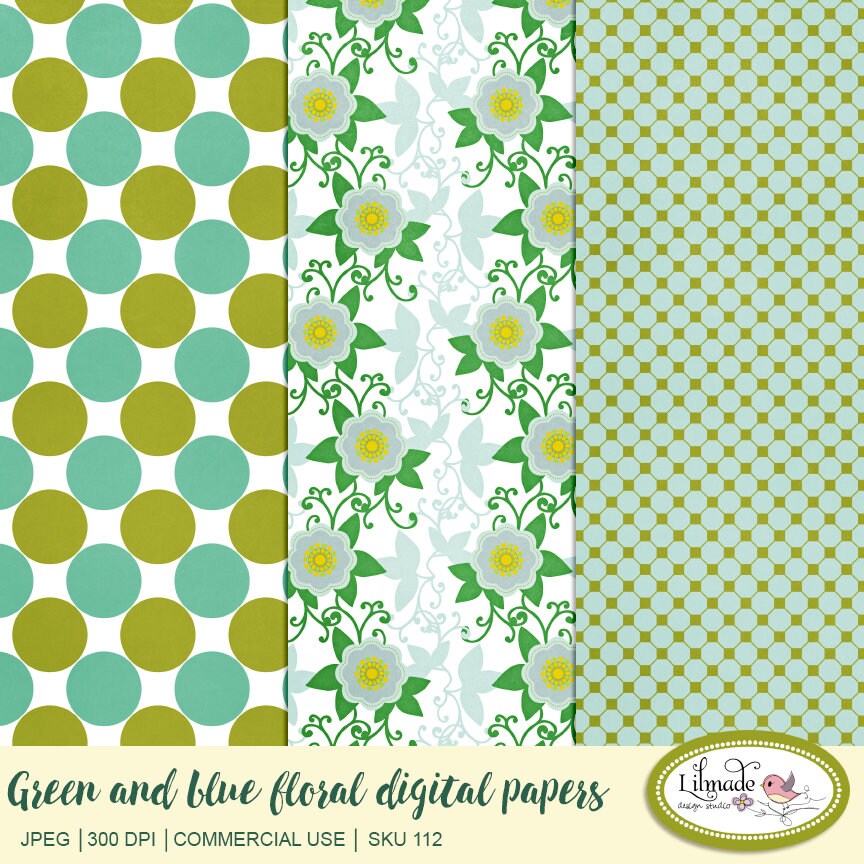 Green and Blue Floral Digital Paper, Quatrefoil, Large Polka Dot, Retro ...