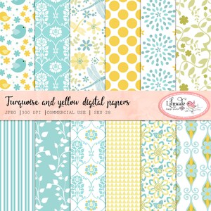 Turquoise and Yellow Digital Papers Featuring Floral and Geometric ...